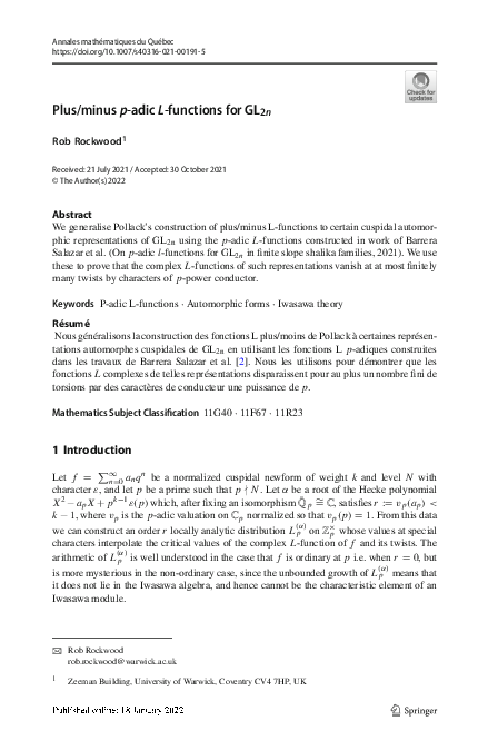 (PDF) Plus/minus p-adic L-functions for $$\mathrm {GL}_{2n}$$