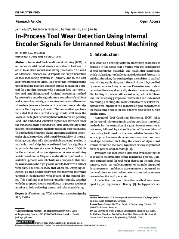 (PDF) In-Process Tool Wear Detection Using Internal Encoder Signals for Unmanned Robust Machining