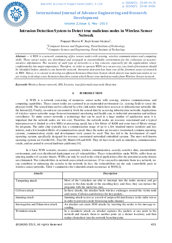 (PDF) Intrusion Detection System to Detect True Malicious Nodes in Wireless Sensor Network