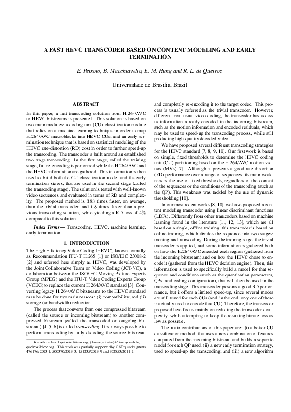 (PDF) A Fast Hevc Transcoder Based on Content Modeling and Early Termination