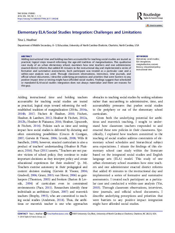 (PDF) Elementary ELA/Social Studies Integration: Challenges and Limitations