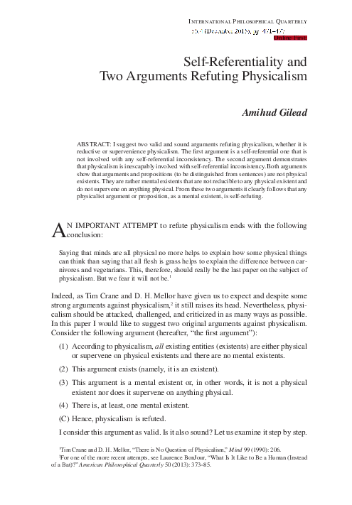 (PDF) Self-Referentiality and Two Arguments Refuting Physicalism
