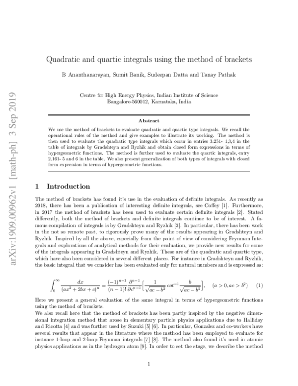 (PDF) Quadratic and quartic integrals using the method of brackets