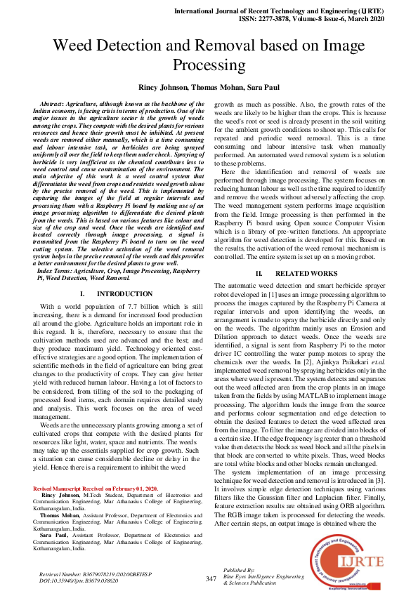 (PDF) Weed Detection and Removal based on Image Processing | RINCY JOHNSON - Academia.edu