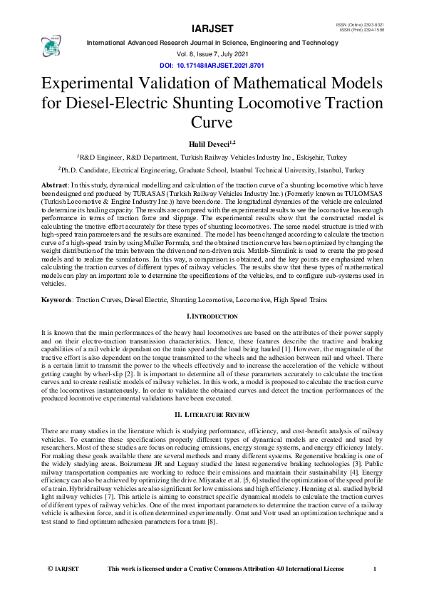 (PDF) Experimental Validation of Mathematical Models for Diesel-Electric Shunting Locomotive ...