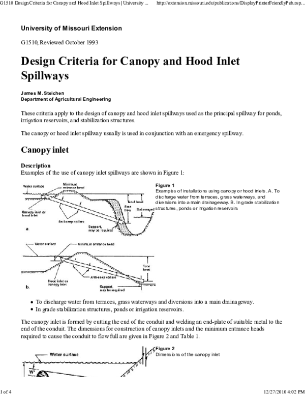 (PDF) Design criteria for canopy and hood inlet spillways (1993)