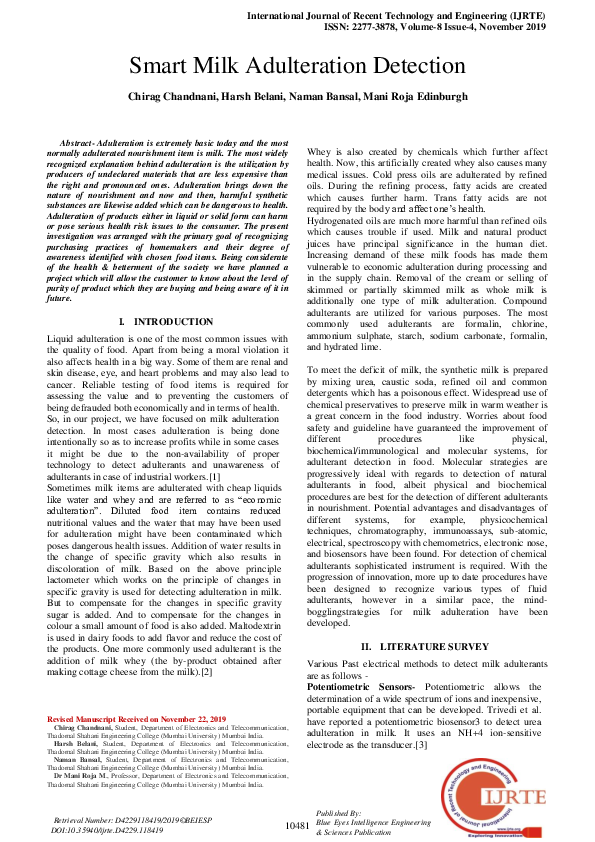 Pdf Smart Milk Adulteration Detection