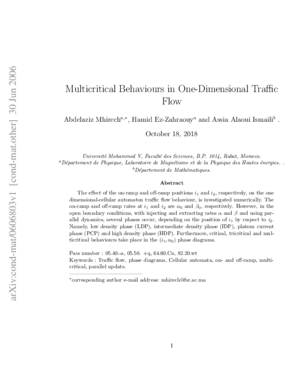 (PDF) Multicritical Behaviours in One-Dimensional Traffic Flow