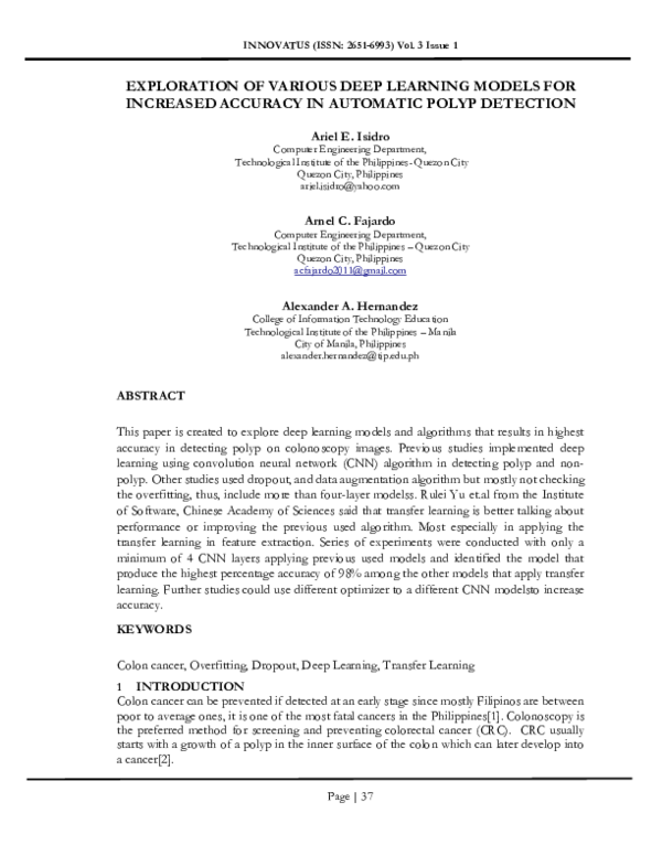 Pdf Exploration Of Various Deep Learning Models For Increased Accuracy In Automatic Polyp