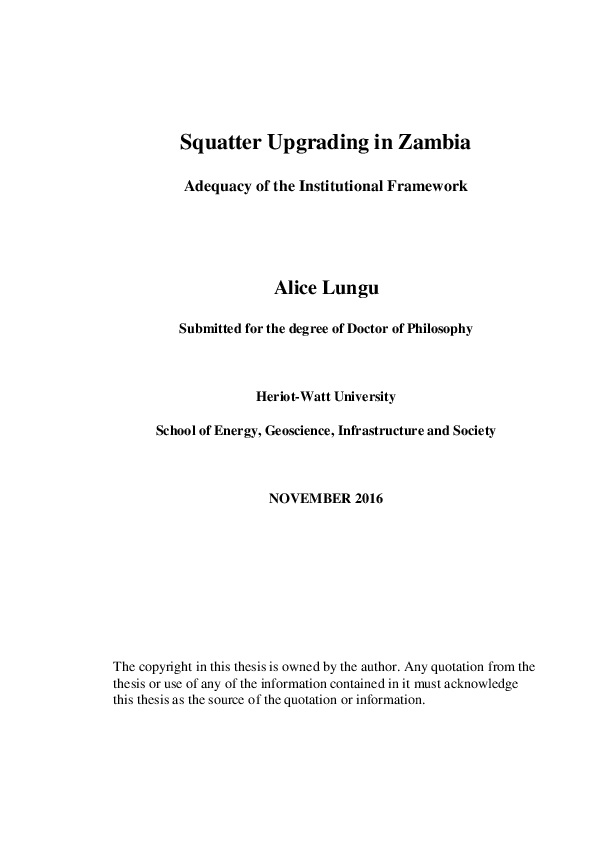 (PDF) Squatter upgrading in Zambia : adequacy of the institutional ...