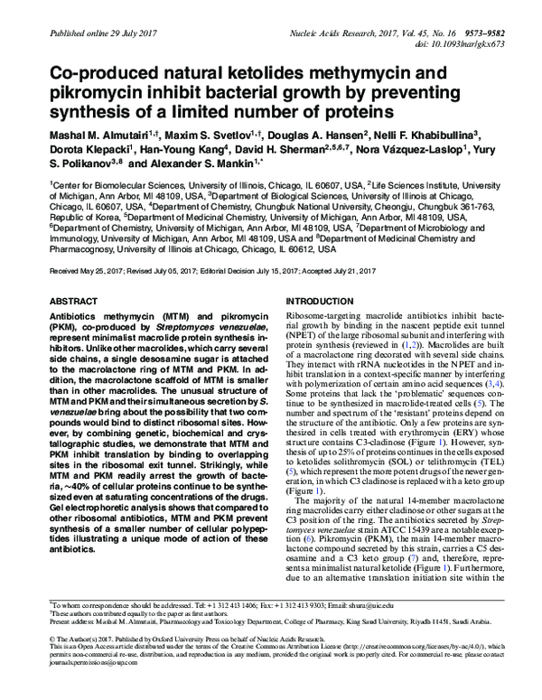 (PDF) Methymycin and Pikromycin: Unique Antibiotic Mechanism
