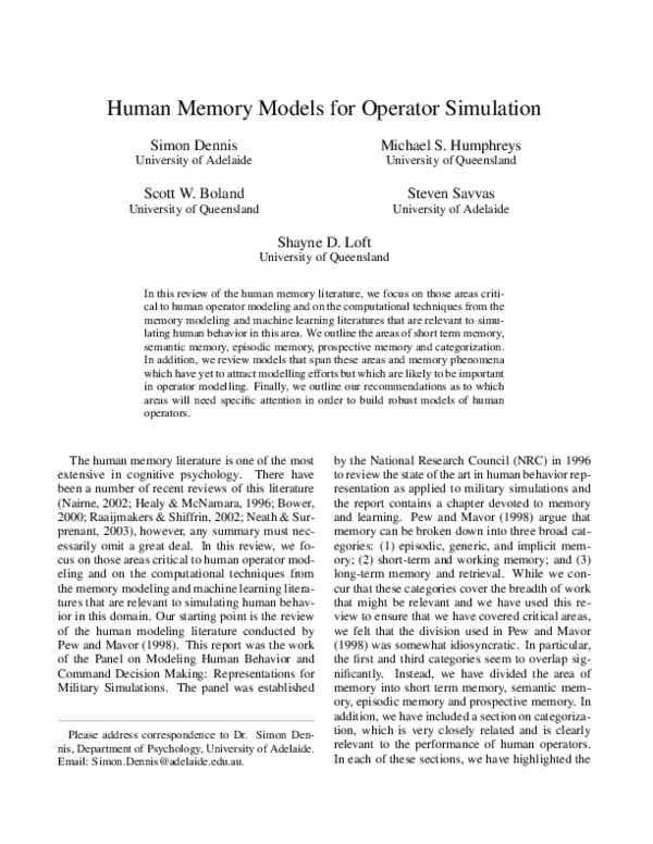 (PDF) Human Memory Models for Operator Simulation