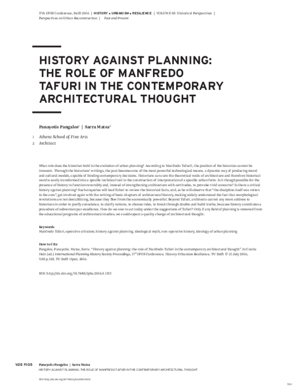 (PDF) History against planning: The role of Manfredo Tafuri in the ...