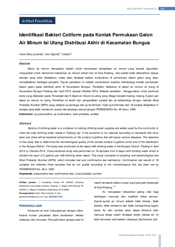 (PDF) Identifikasi Bakteri Coliform pada Kontak Permukaan Galon Air ...
