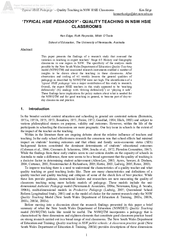 (PDF) Typical HSIE pedagogy' - quality teaching in NSW HSIE classrooms