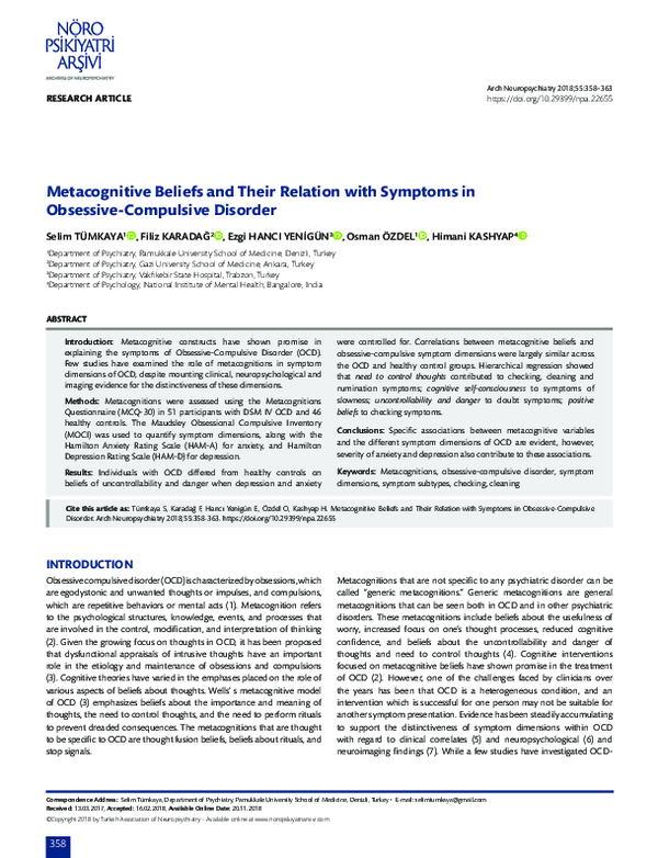 Pdf Metacognitive Beliefs And Their Relation With Symptoms In