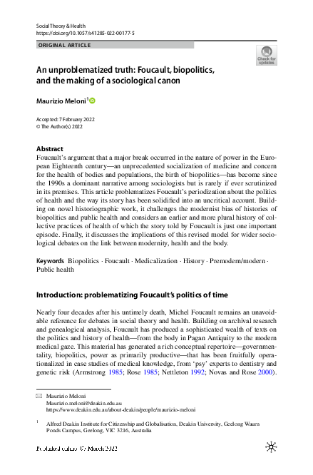 (PDF) An unproblematized truth: Foucault, biopolitics, and the making ...