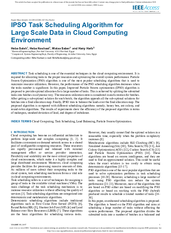 Pdf Ipso Task Scheduling Algorithm For Large Scale Data In Cloud Computing Environment Walaa