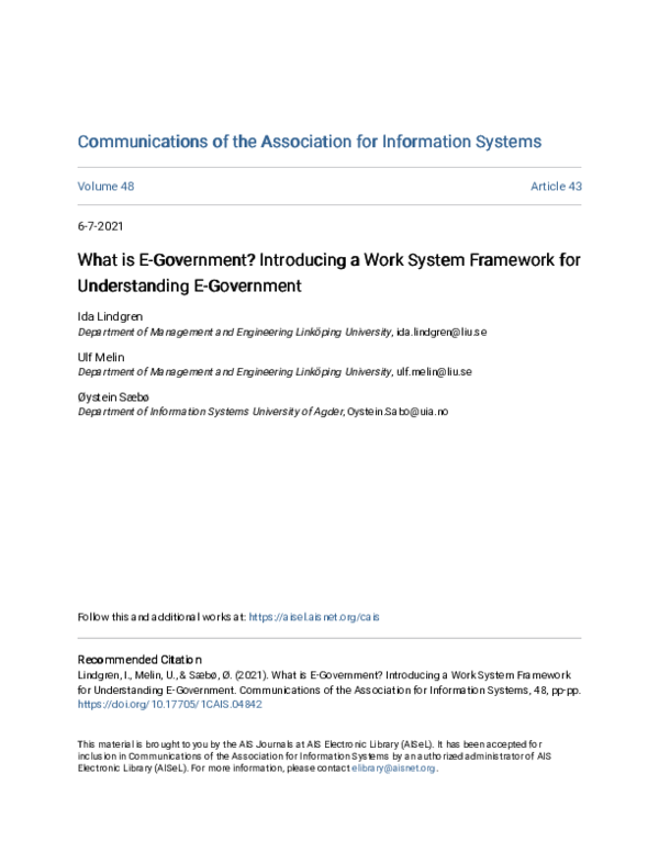 (PDF) What is E-Government? Introducing a Work System Framework for ...