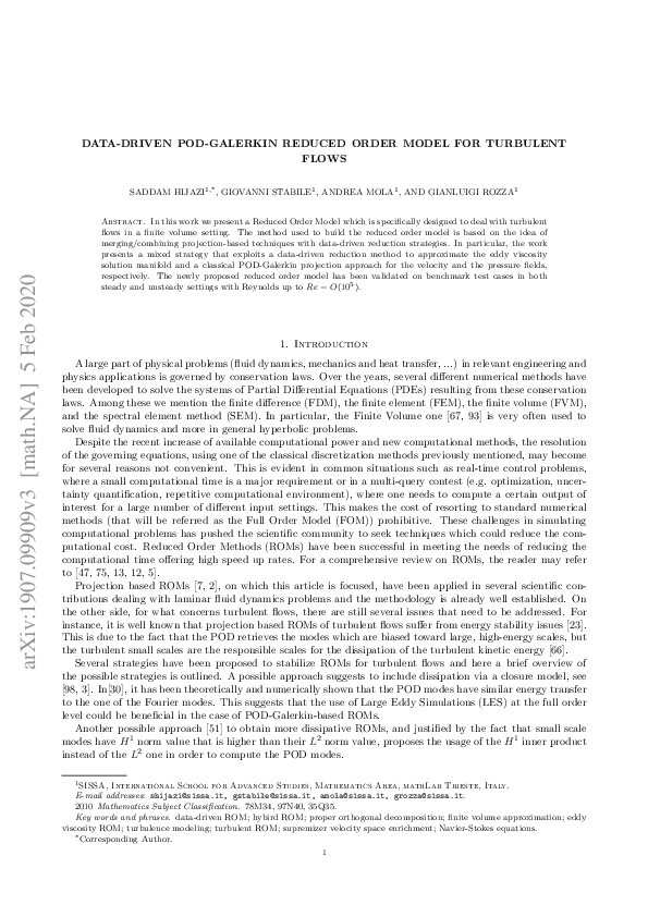 Pdf Data Driven Pod Galerkin Reduced Order Model For Turbulent Flows