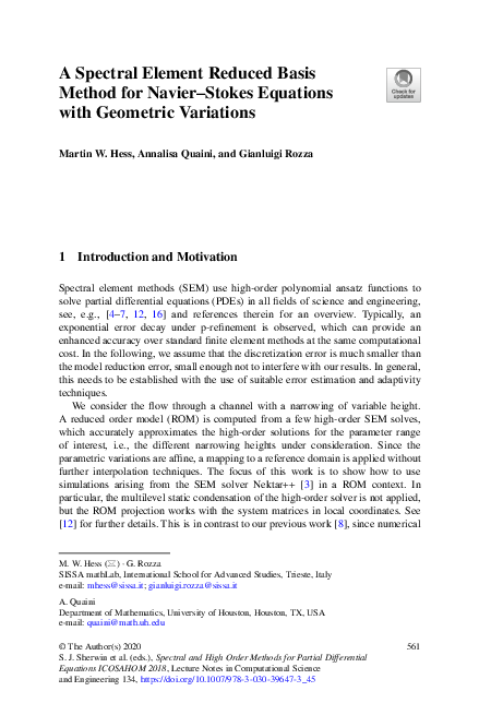 Pdf A Spectral Element Reduced Basis Method For Navier Stokes Equations With Geometric Variations