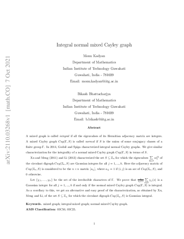 (PDF) Integral normal mixed Cayley graph
