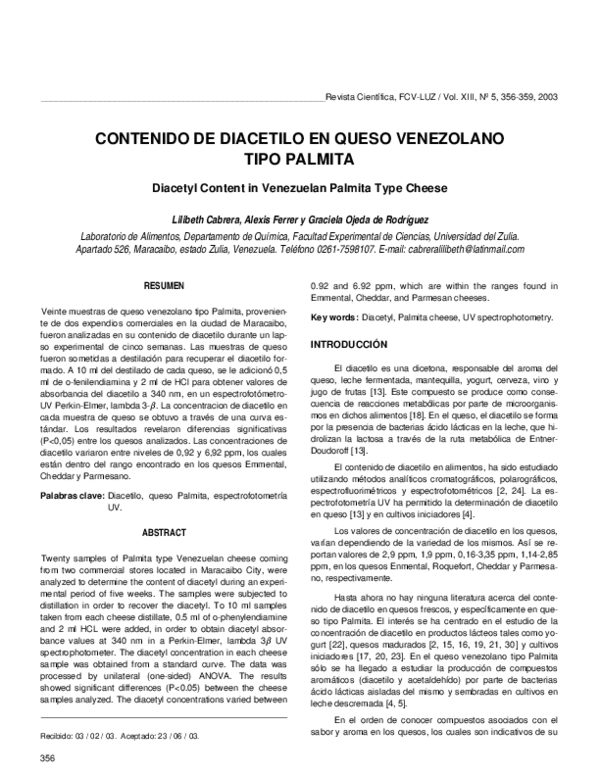 (PDF) CONTENIDO DE DIACETILO EN QUESO VENEZOLANO TIPO PALMITA Diacetyl ...