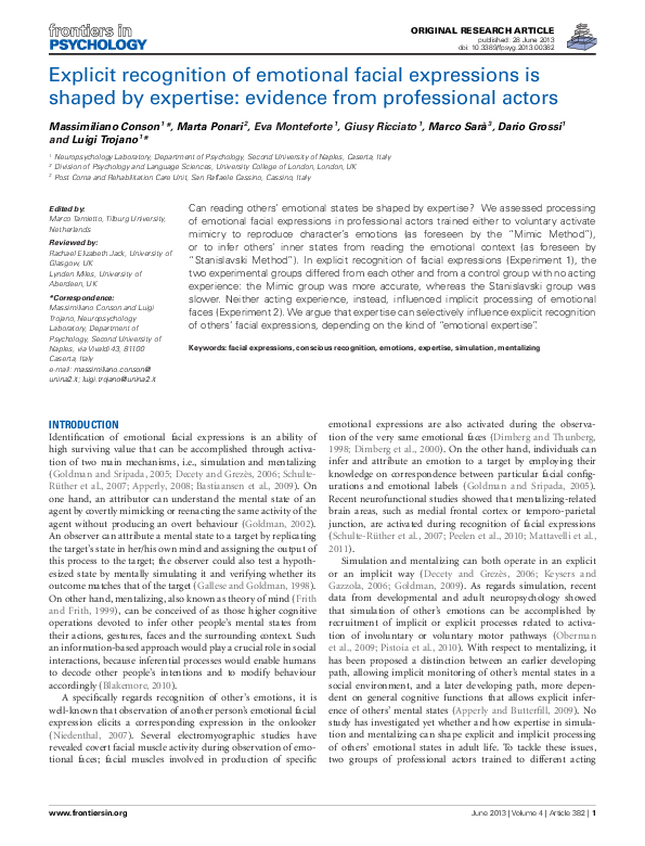(PDF) Explicit recognition of emotional facial expressions is shaped by ...
