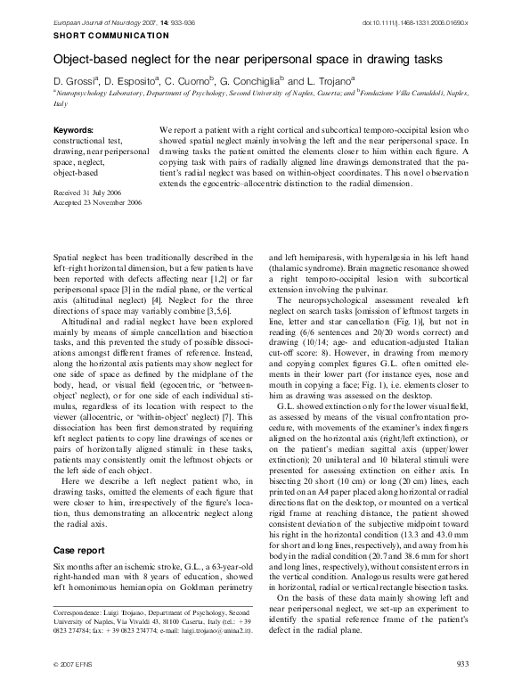 (PDF) Object-based neglect for the near peripersonal space in drawing tasks