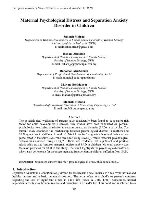 (PDF) Maternal Psychological Distress and Separation Anxiety Disorder ...