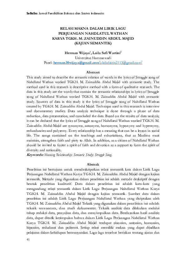 (PDF) Relasi Makna dalam Lirik Lagu Perjuangan Nahdlatul Wathan Karya TGKH. M. Zainuddin Abdul ...
