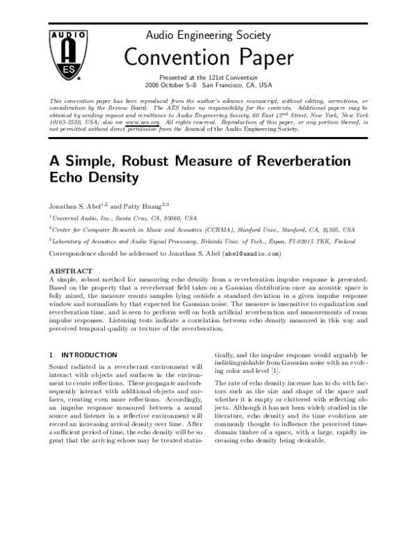 (PDF) A Simple, Robust Measure of Reverberation Echo Density