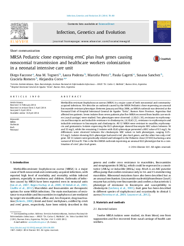 (PDF) MRSA Pediatric clone expressing ermC plus lnuA genes causing ...