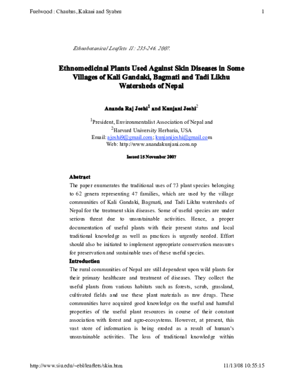 (PDF) Ethnomedicinal Plants Used Against Skin Diseases in Some Villages of Kali Gandaki, Bagmati ...