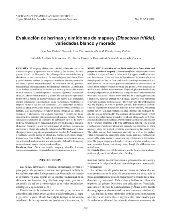 (PDF) Evaluación de harinas y almidones de mapuey (Dioscorea trifida ...