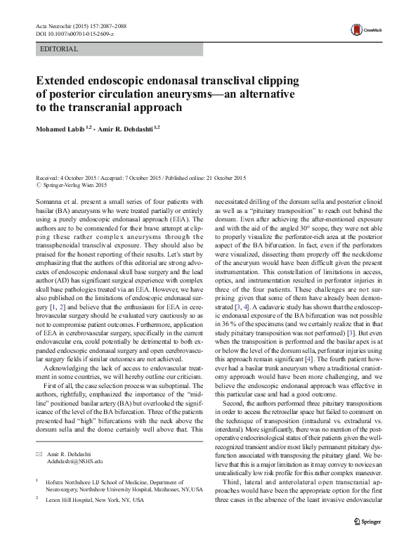 (PDF) Extended endoscopic endonasal transclival clipping of posterior ...