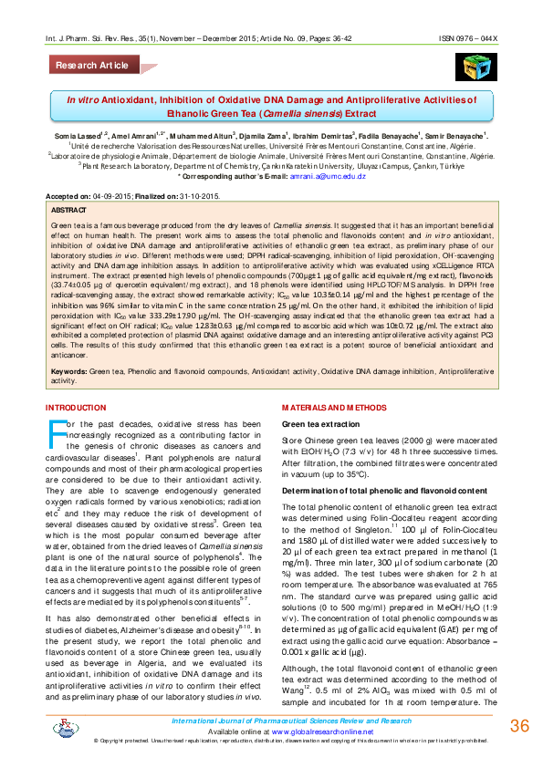 (PDF) In vitro Antioxidant, Inhibition of Oxidative DNA Damage and Antiproliferative Activities ...