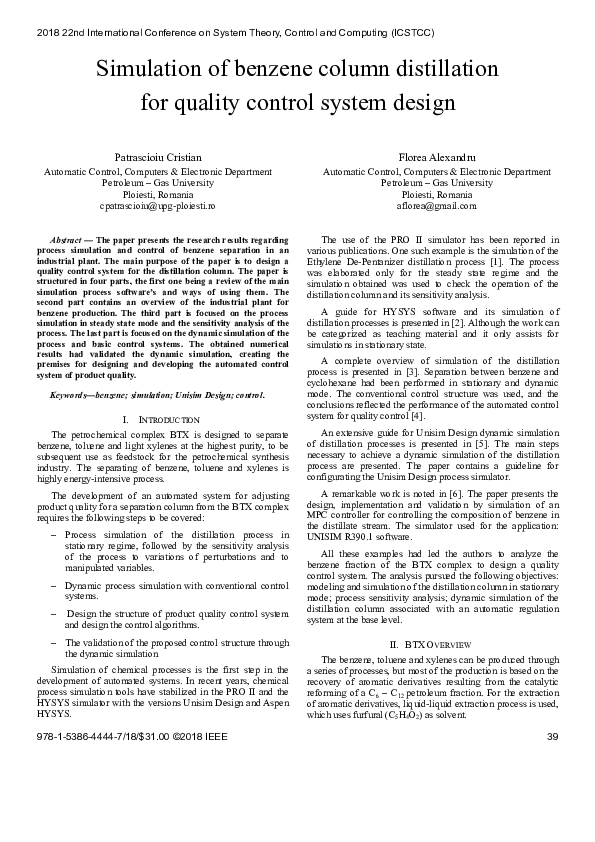 (PDF) Simulation of benzene column distillation for quality control ...