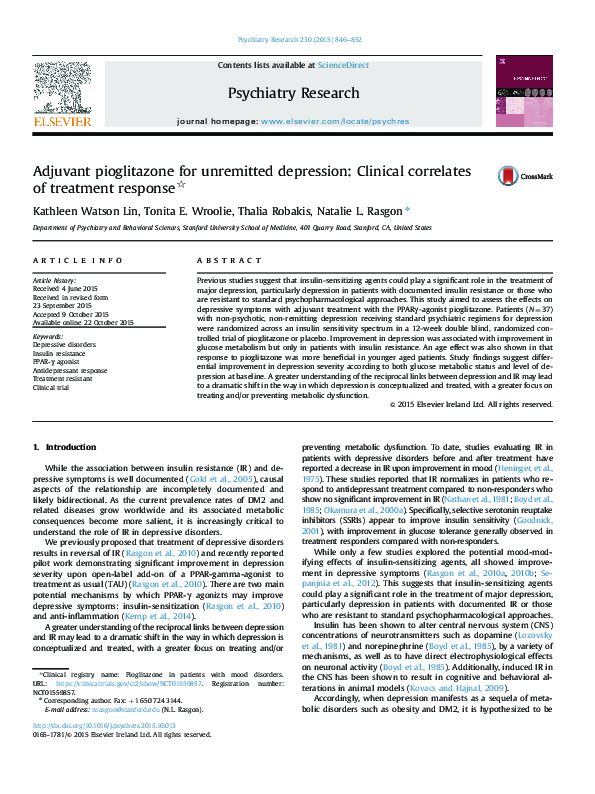 (PDF) Adjuvant pioglitazone for unremitted depression: Clinical ...