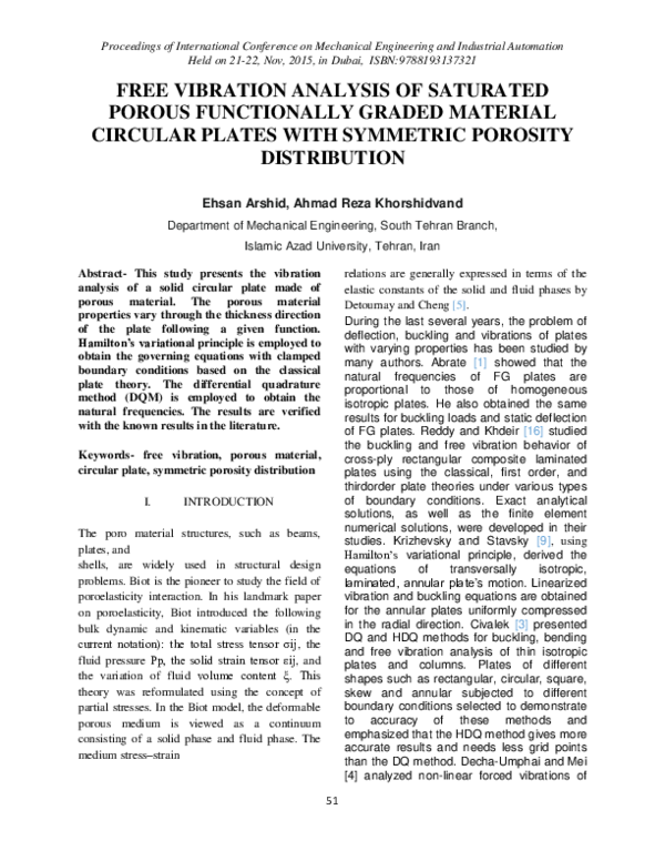 Pdf Free Vibration Analysis Of Saturated Porous Functionally Graded Material Circular Plates