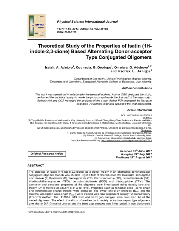 (PDF) Theoretical Study of the Properties of Isatin (1H-indole-2,3-dione) Based Alternating ...