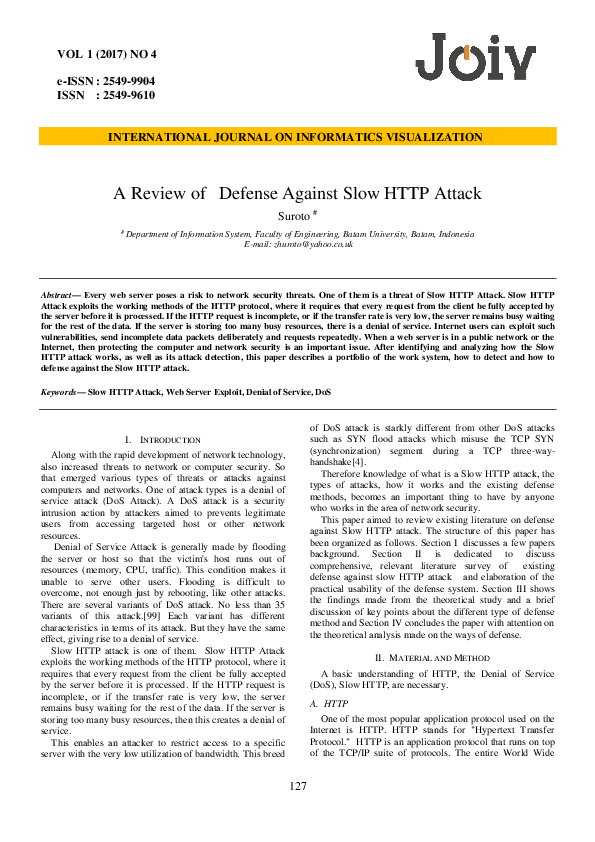 (PDF) A Review of Defense Against Slow HTTP Attack