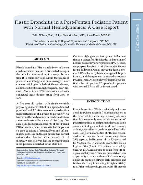 (PDF) Plastic Bronchitis in a Post-Fontan Pediatric Patient With Normal ...