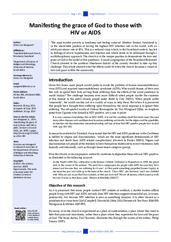 (PDF) Manifesting the grace of God to those with HIV or AIDS