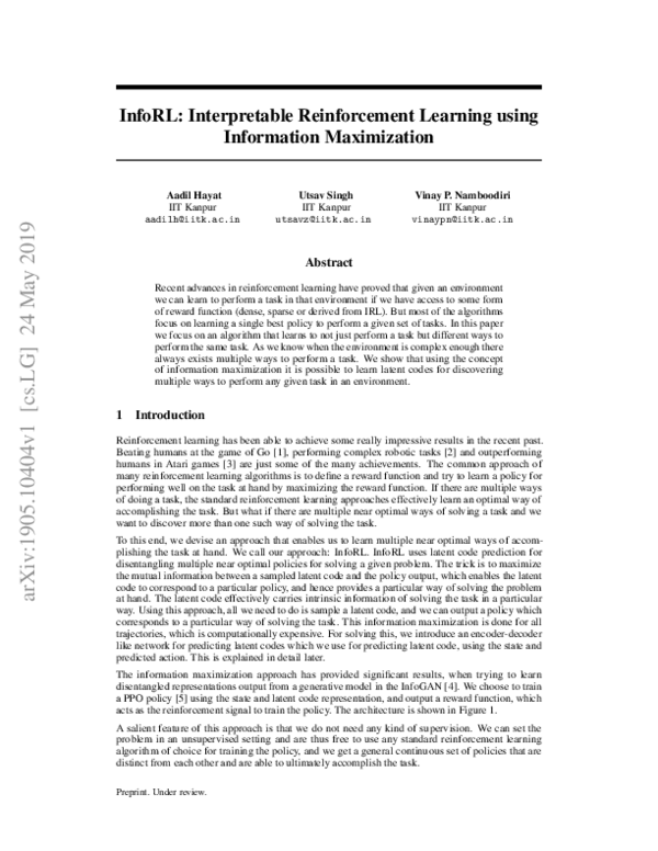 (PDF) InfoRL: Interpretable Reinforcement Learning using Information Maximization