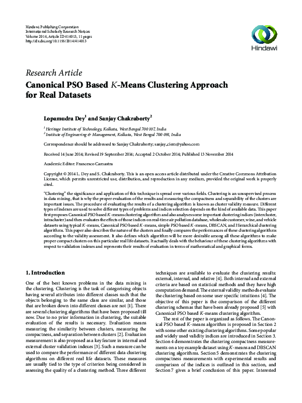 (PDF) Canonical PSO Based K-Means Clustering Approach for Real Datasets