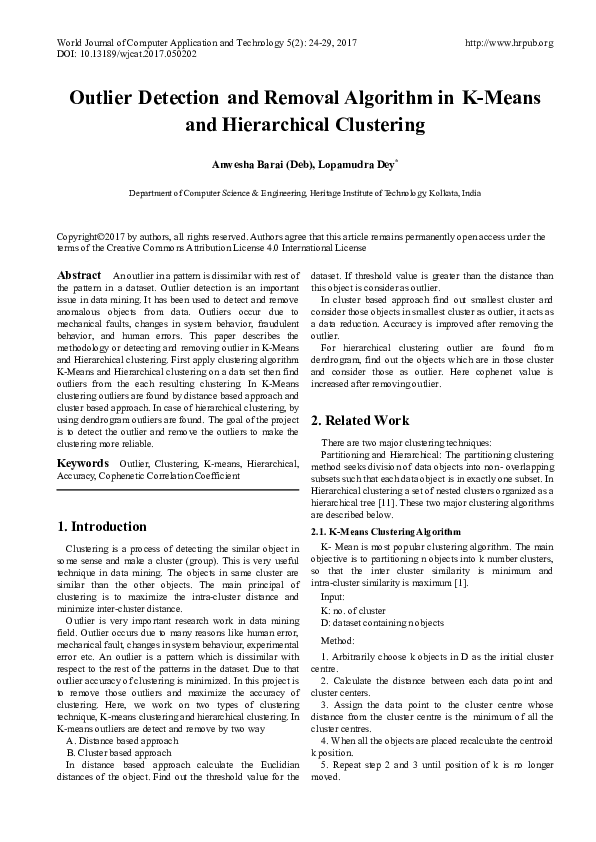 Pdf Outlier Detection And Removal Algorithm In K Means And Hierarchical Clustering