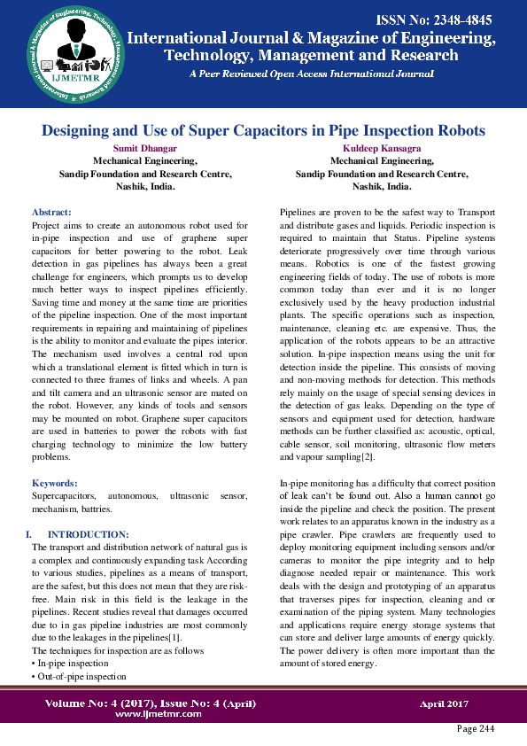 (PDF) Designing and Use of Super Capacitors in Pipe Inspection Robots