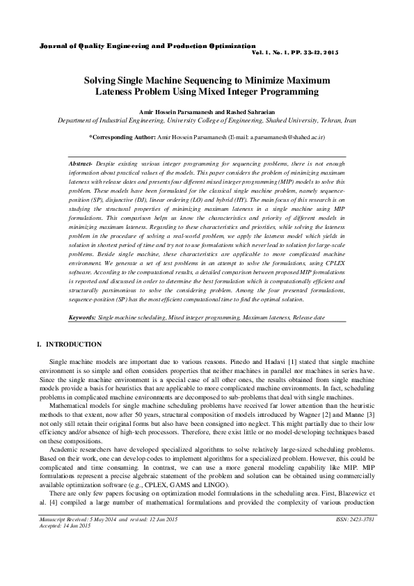 Pdf Minimizing Maximum Lateness Via Mip Models