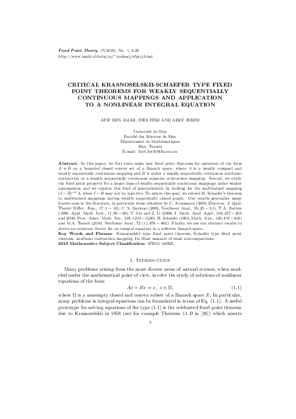 Pdf Critical Krasnoselskii Schaefer Type Fixed Point Theorems For Weakly Sequentially